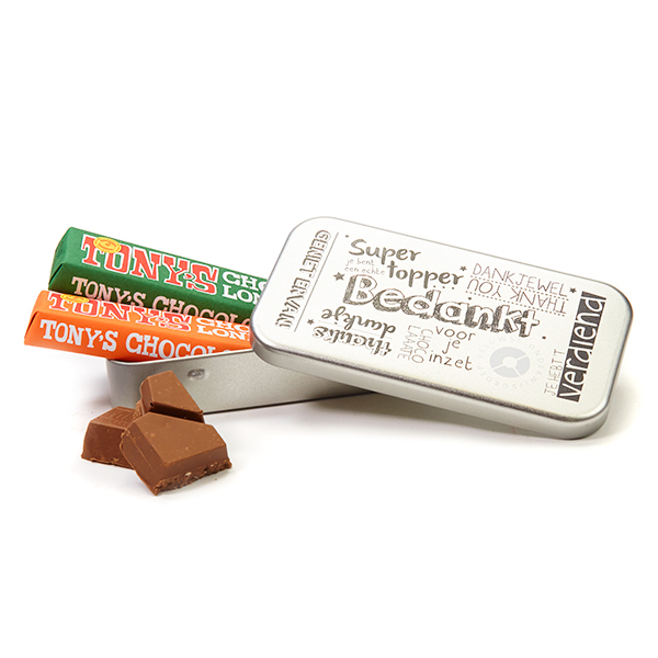 Mini Tony's Chocolonely in geschenkblik bestellen? - Geluk.com