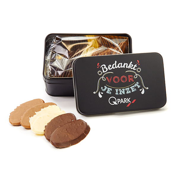 Chocolade in geschenkblik met eigen bedrukking